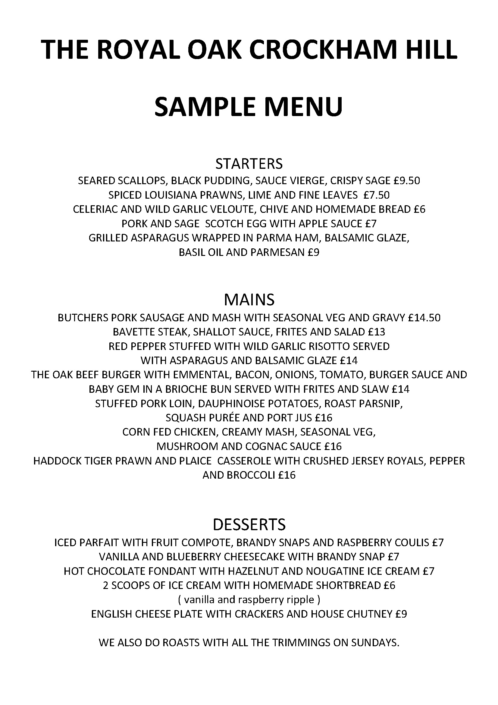 Menus - Royal Oak Crockham Hill