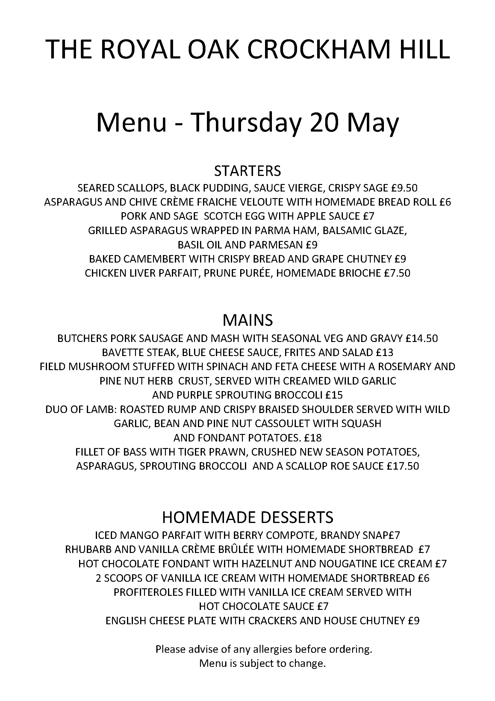 Menus - Royal Oak Crockham Hill