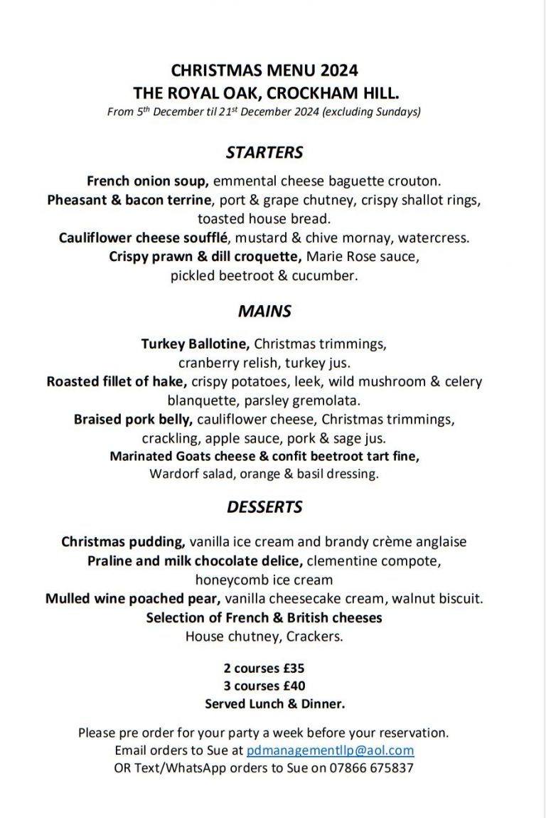 December Menu - Royal Oak Crockham Hill